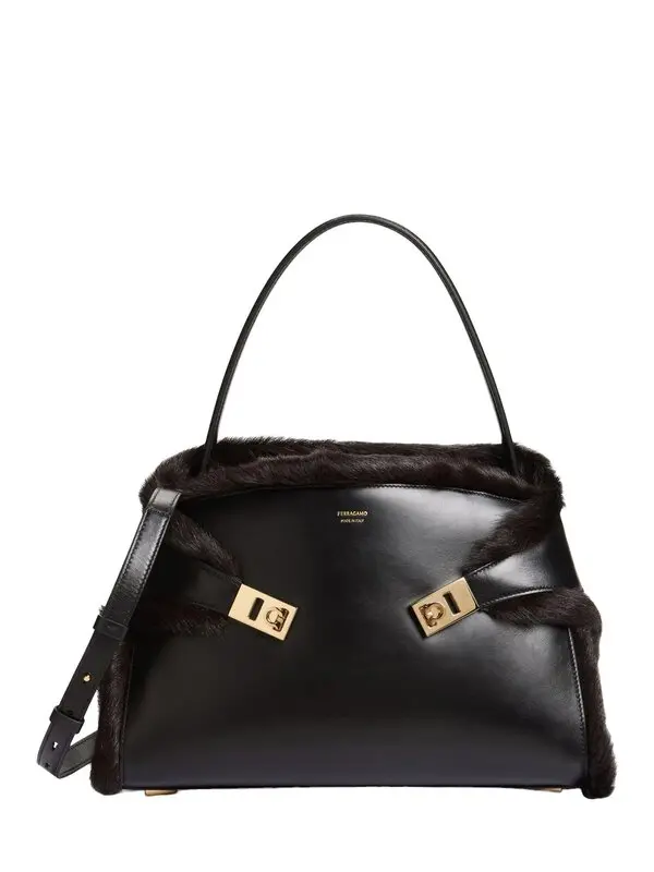 FERRAGAMO Hug Leather Satchel With Shearling Trim - Nero