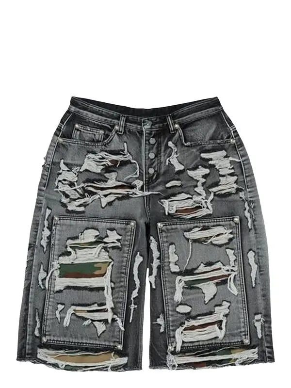 THUG CLUB Hell Camo Denim Shorts - Black