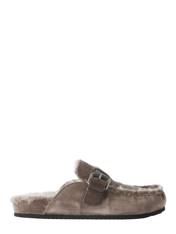 Brunello Cucinelli Buckled Shearling Mules - Brown