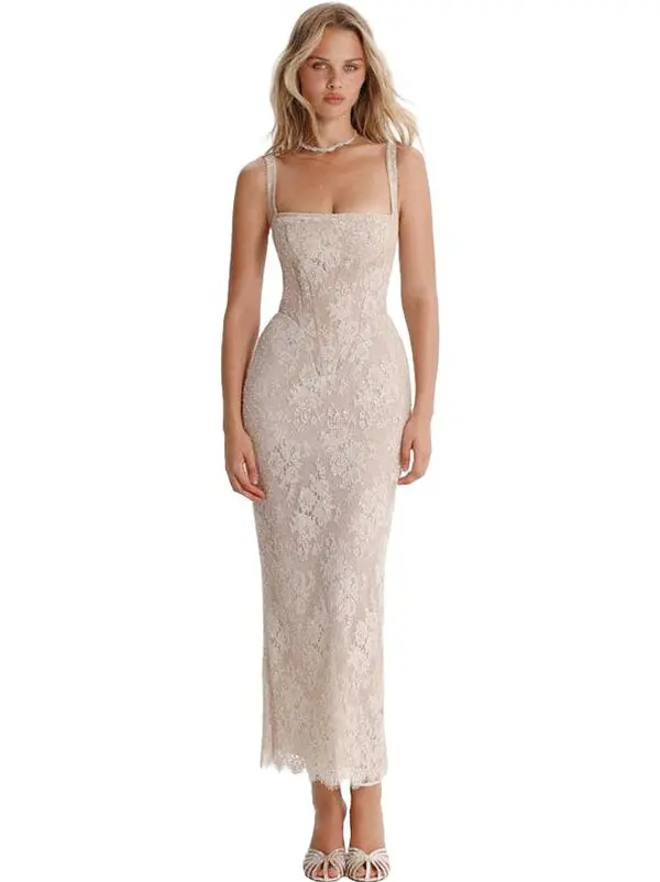 MILLA Sequin Embellished Lace Corset Maxi Dress - Beige