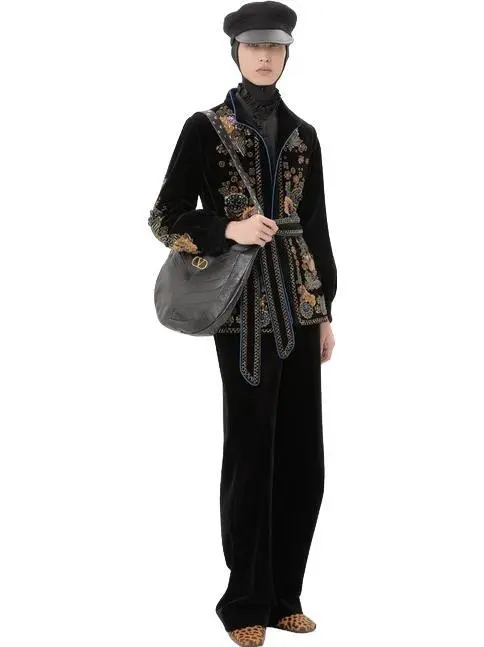 Valentino Garavani Cotton Velvet Embroidered Belted Jacket - Black