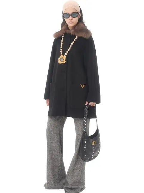 Valentino Garavani Wool Drap Coat With V Gold - Black