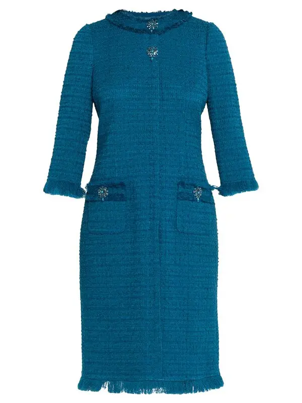 Rickie Freeman For Teri Jon Fringe-trim Stretch Boucle Dress - Teal