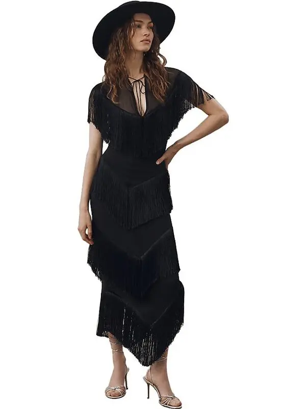DE LA VALI Fringed Chiffon Midi Dress - Black