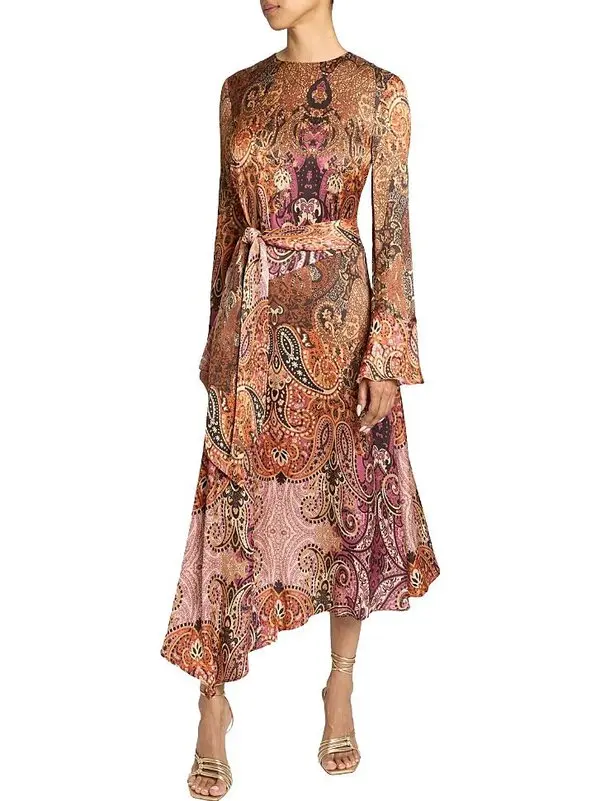 Santorelli Rachel Long Sleeve Asymmetric Midi Dress - Chestnut Multi