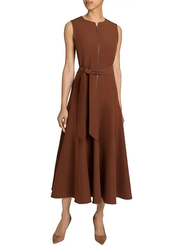 Santorelli Sleeveless Midi Dress With Zip Front - Dark Chestnut
