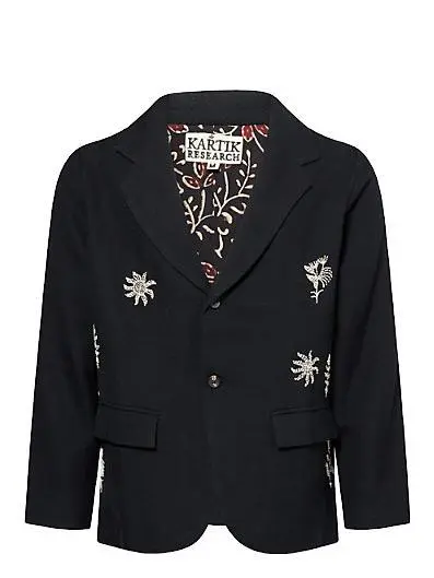 KARTIK RESEARCH Floral Motif Embroidered Single-breasted Wool Blazer - Black