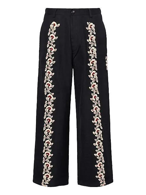 KARTIK RESEARCH Sultan Floral-embroidered Wool Trousers - Black/ecru/red