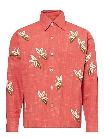 KARTIK RESEARCH Floral Box Hand-embroidered Cotton Shirt - F. Red/ecru/forest Grn
