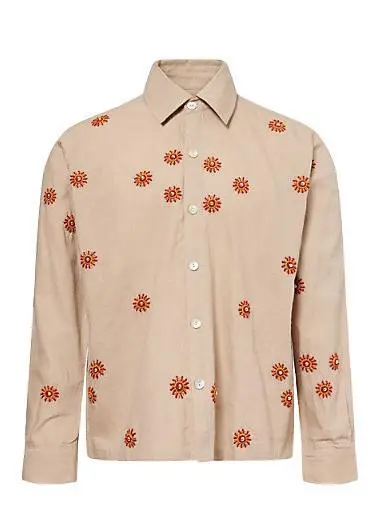 KARTIK RESEARCH Hand-embroidered Box Cotton Shirt - Taupe/red/gold