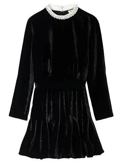 Sandro Beaded Long-sleeve Velvet Mini Dress - Black