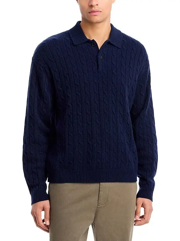 FRAME Wool And Cashmere Cable Knit Polo Sweater - Dark Navy
