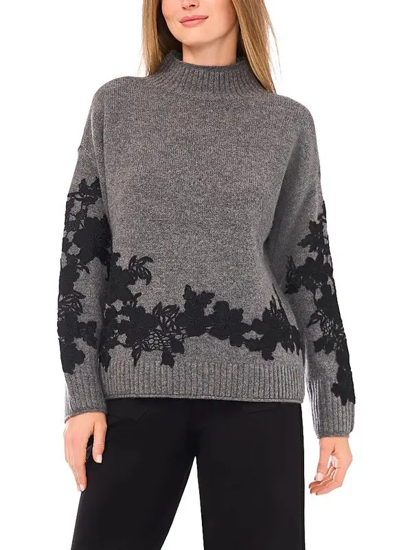 Vince Camuto Floral Applique Sweater - Salt And Pepper