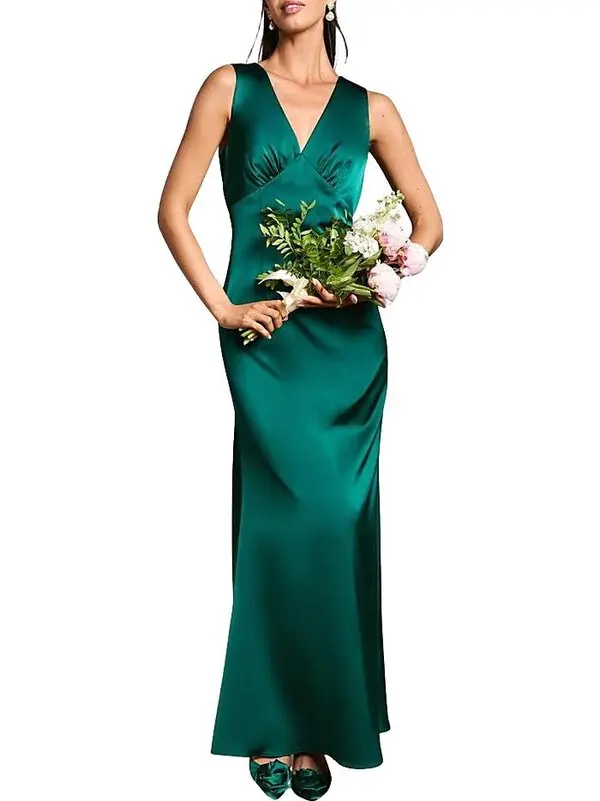 Coast Bow Back V-neck Satin Dress - Emerald