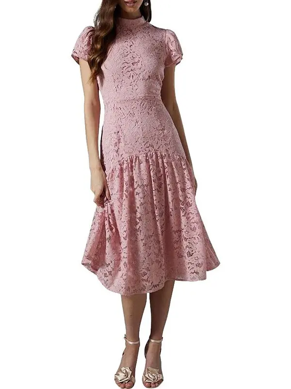 Coast Lace Frill Sleeve High Neck Midi Dress - Blush