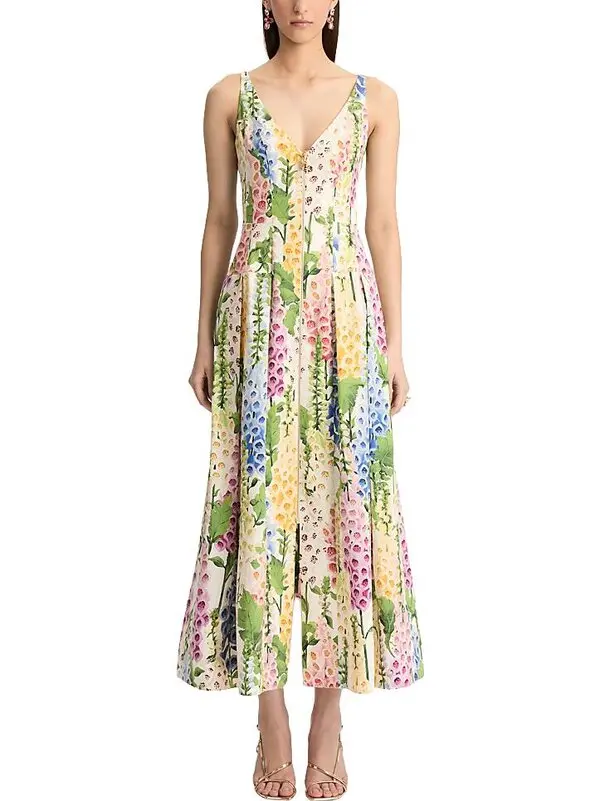 Oscar De La Renta Sleeveless V-neck Foxglove Print Dress - White Multi