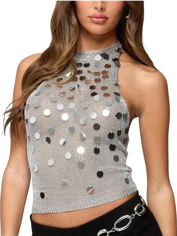 EDIKTED Sequin Halter Top - Silver