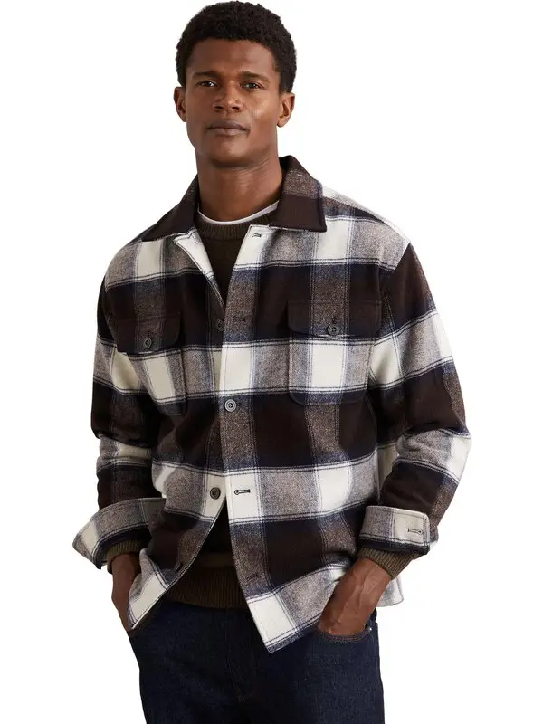 REISS Mcfadden Wool-blend Check Overshirt - Navy Multi