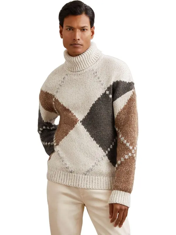 REISS Kennedy Wool-blend Roll-neck Argyle Jumper - Camel Brown Multi