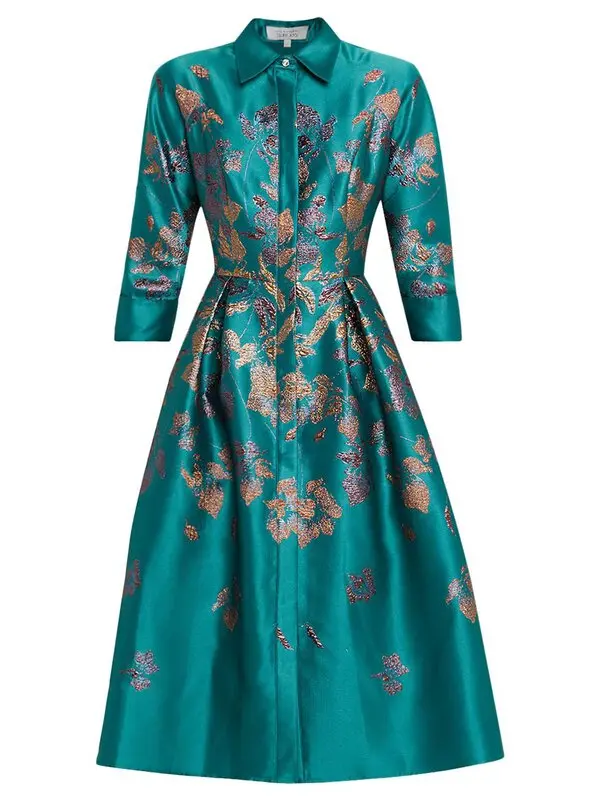 Rickie Freeman For Teri Jon Pleated Metallic Jacquard Shirtdress - Teal