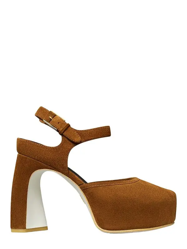 Tory Burch Peep-toe Suede Platform Sandals - Cognac Bro