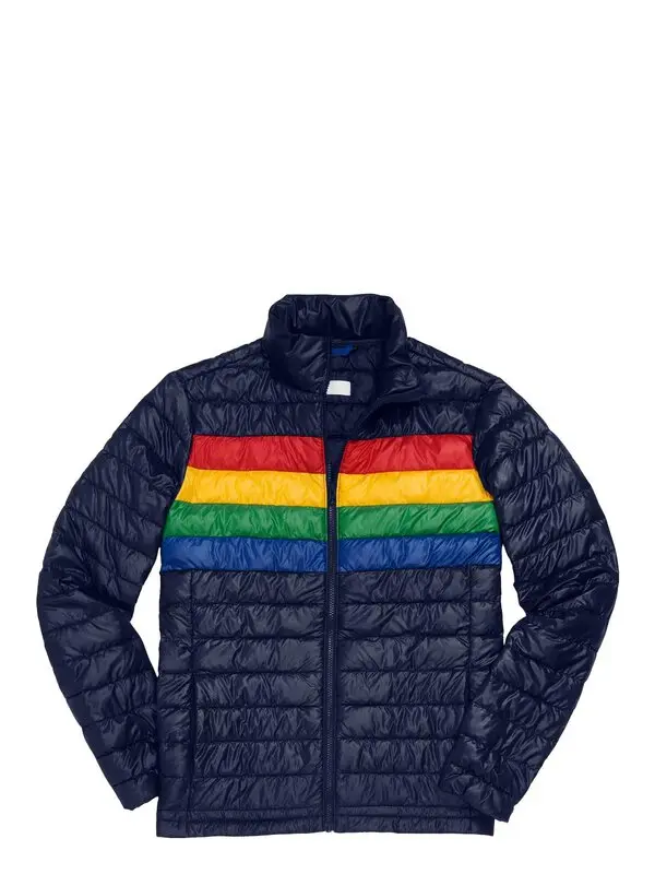 PRIMARY Stripe Puffer Jacket - Navy Bold Rainbow