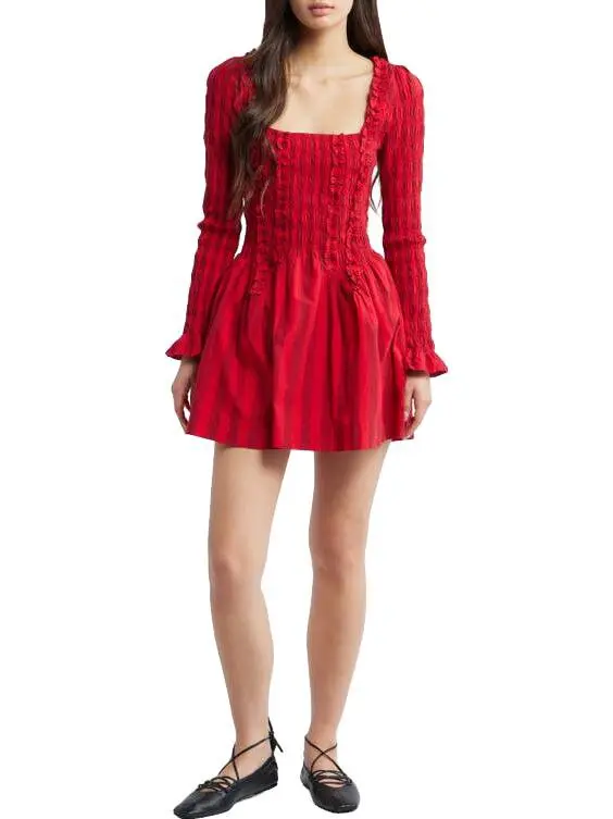 DAMSON MADDER Raphaela Ruffle Long Sleeve Mini Dress - Red