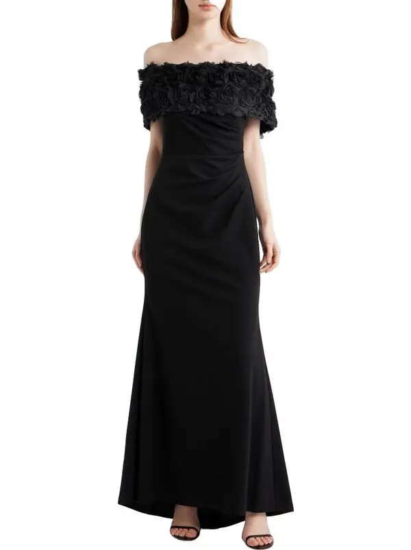 Eliza J Rosette Detail Off-the-shoulder Gown - Black