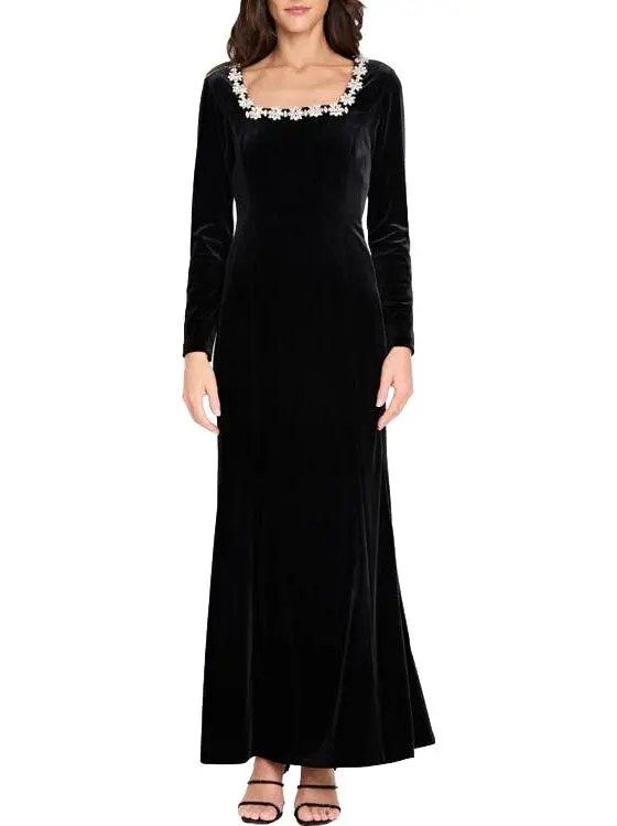 TAHARI ASL Rhinestone Neck Velvet Gown - Black