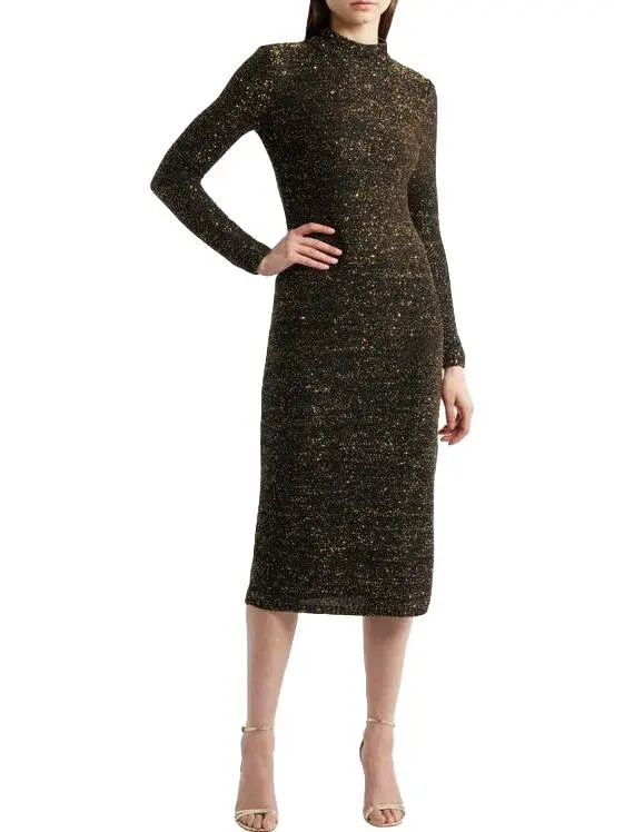 Elie Tahari Angelina Sequin Long Sleeve Midi Dress - Noir/gold Sequin