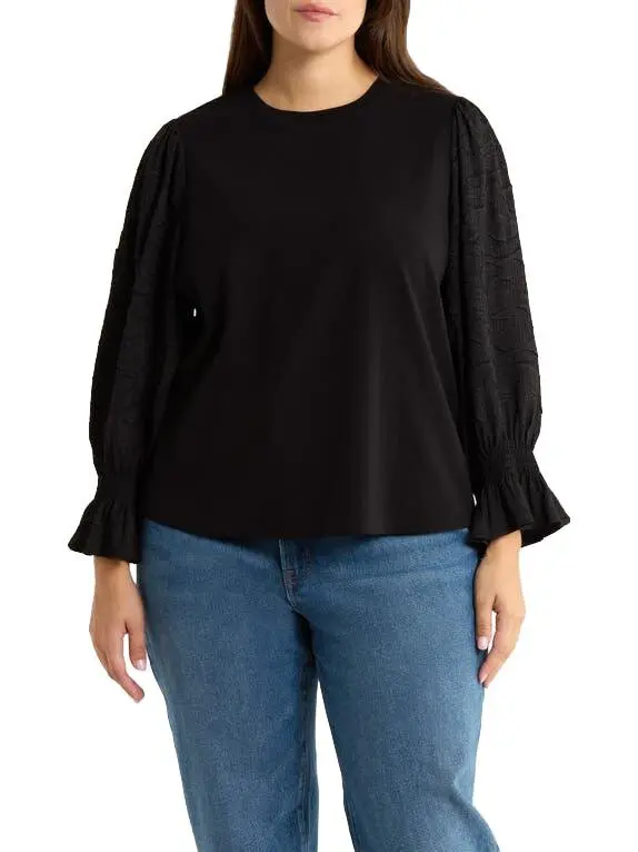 Wit & Wisdom Mixed Media Smocked Sleeve Top - Black