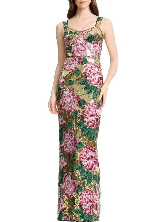 Dress The Population Reese Embroidered Floral Sequin Sheath Gown - Gold Multi