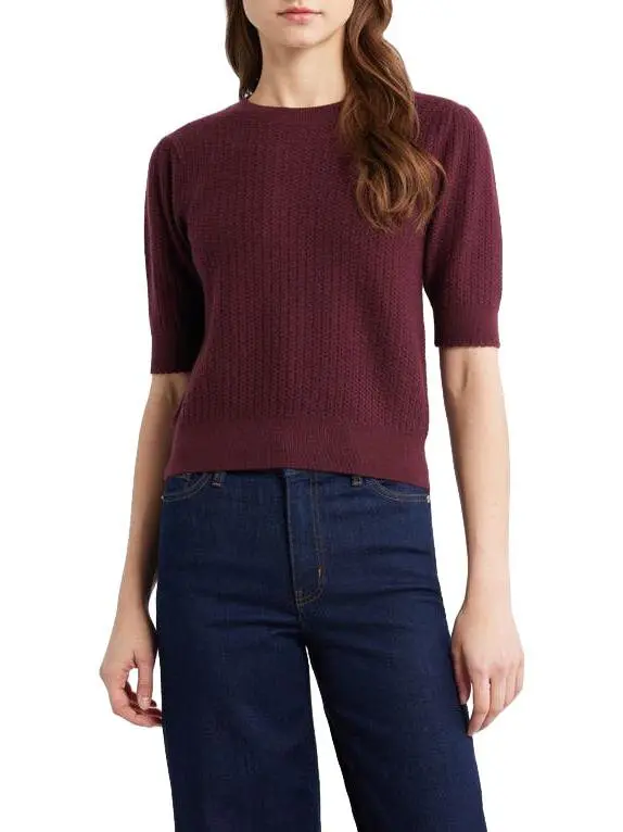 FRAME Ladder Pointelle Short Sleeve Cashmere Sweater - Cabernet