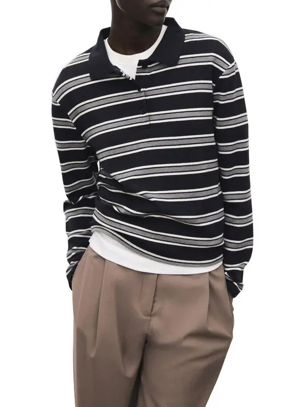 Mango Stripe Long-sleeve Polo - Navy
