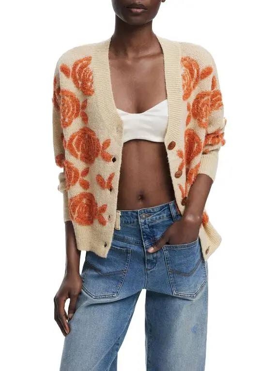 Desigual Floral Jacquard V-neck Cardigan - Beige