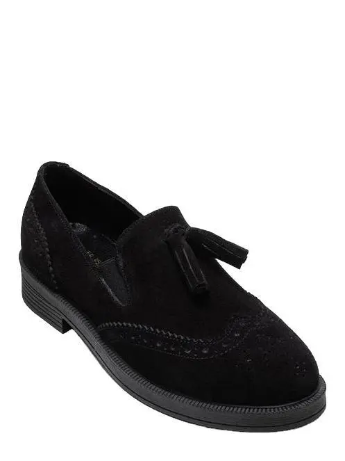 FOREVER & ALWAYS SHOES Leather Tassel Loafers - Black Suede Leather