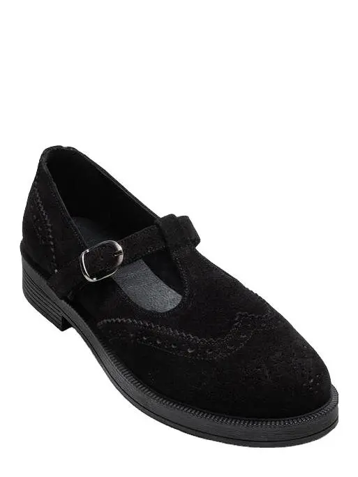 FOREVER & ALWAYS SHOES Leather Strap Loafers - Black Suede Leather