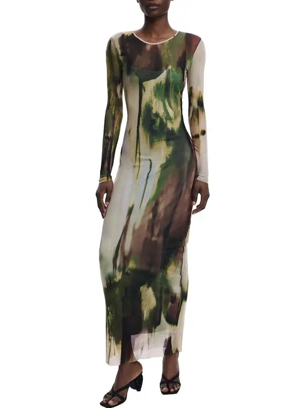 Desigual Printed Mesh Maxi Dress - Military Green