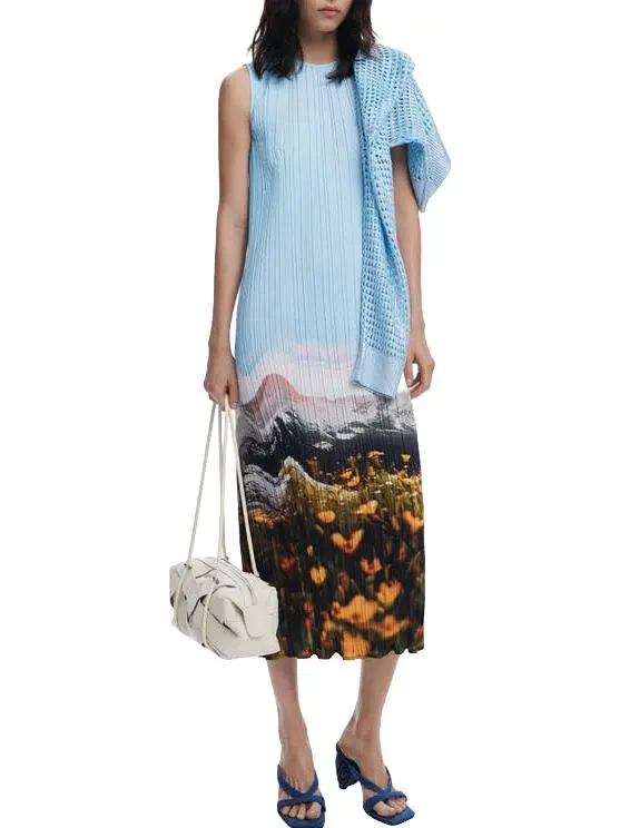 Desigual Landscape Plissé Shift Midi Dress - Light Blue