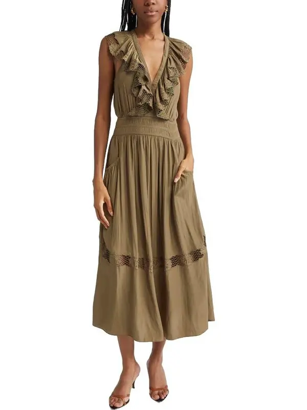 Ramy Brook Laila Ruffle Smocked Waist Maxi Dress - Olive Green