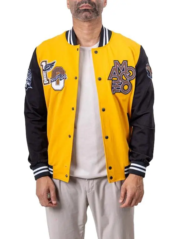 MACEOO Varsity Lambskin Leather Bomber Jacket - Yellow