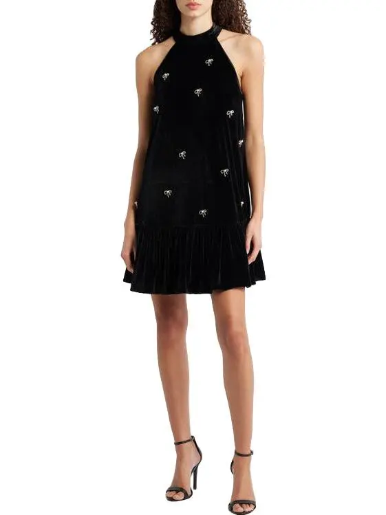 CECE DUPRAZ Rhinestone Bow Velvet Dress - Rich Black