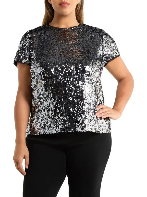 Anne Klein Paillette Top - Gunmetal/anne Black