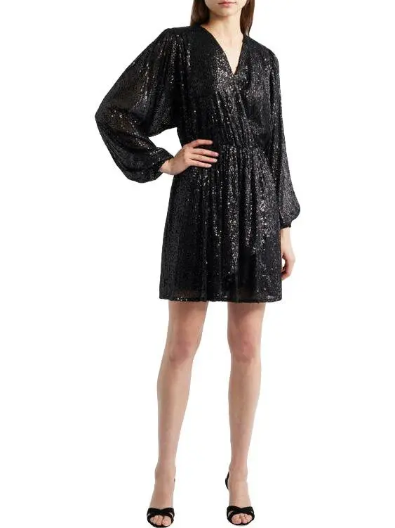 Hugo Boss Sequin Mesh Long Sleeve Cocktail Dress - Black