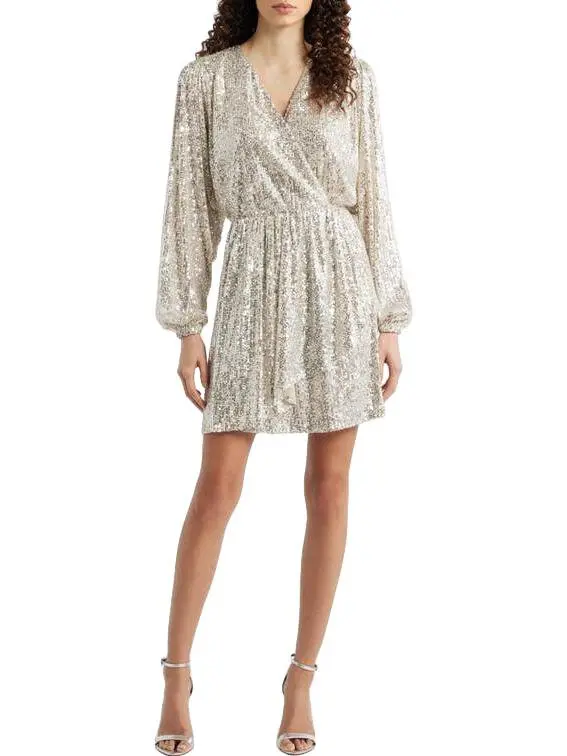BOSS Sequin Mesh Long Sleeve Cocktail Dress - Open Bge