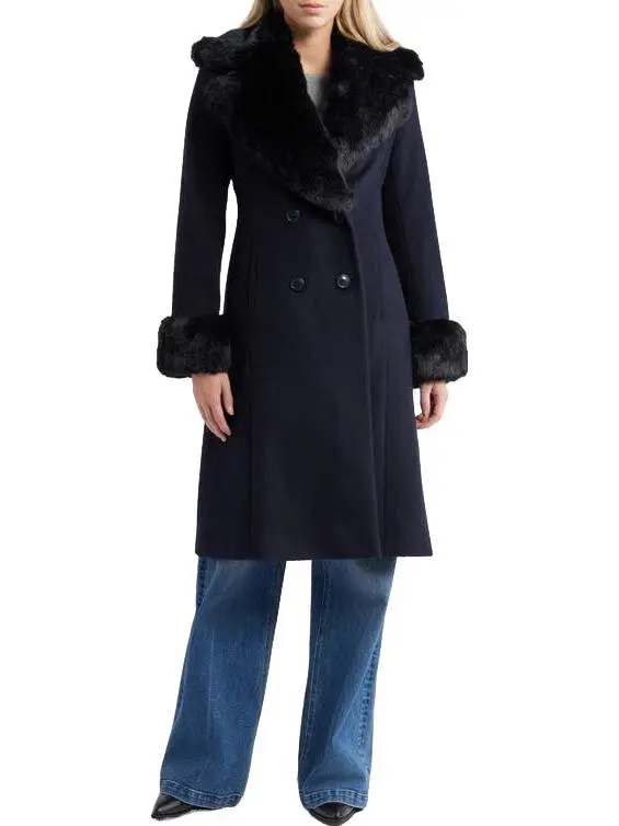 Via Spiga Double-breasted Wool-blend Coat With Faux Fur Trim - Navy