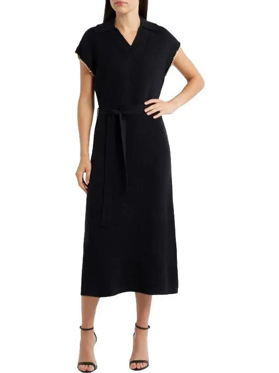 ZOE AND CLAIRE Chain Trim Tie Belt Midi Dress - Black