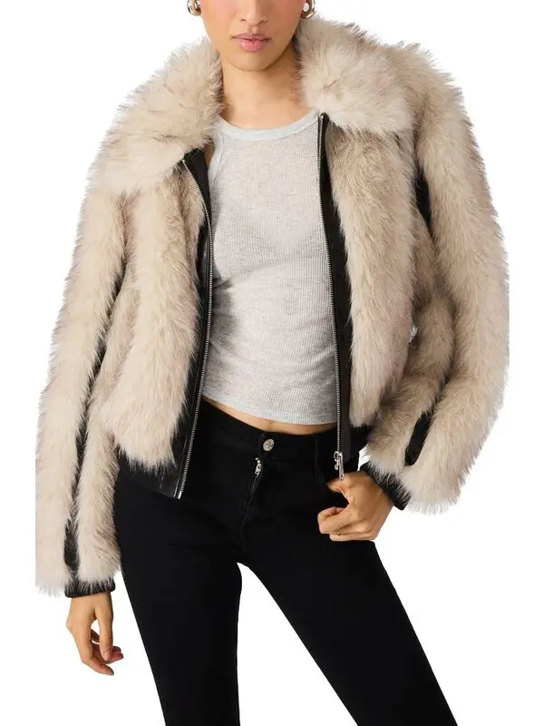 Steve Madden Faux Fur & Faux Leather Bomber Jacket - Natural