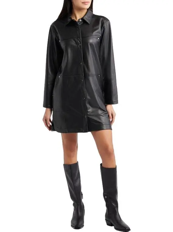 CITY BLUES Long Sleeve Faux Leather Shirtdress - Black