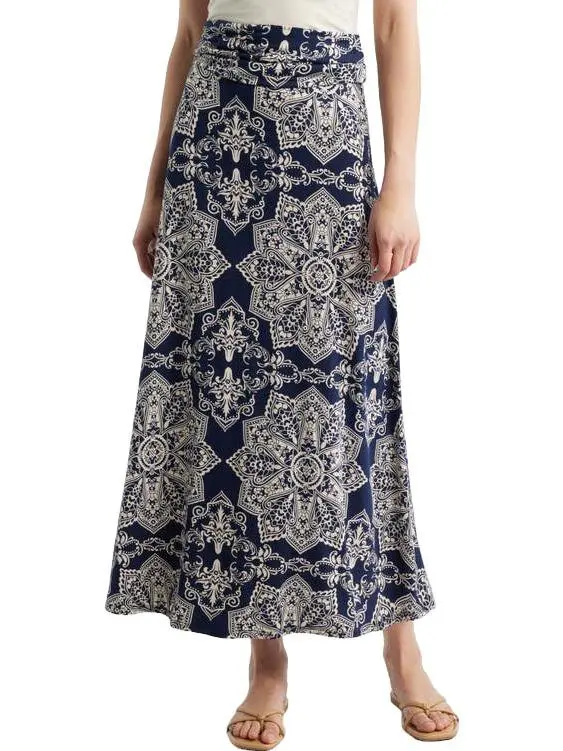 Loveappella Printed Maxi Skirt - Navy